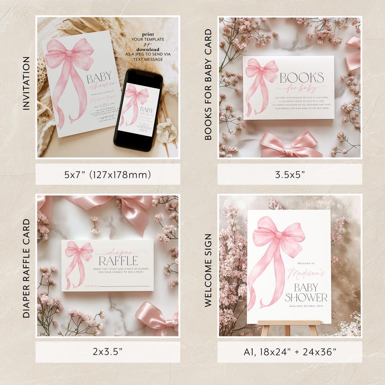 Pink Bow Baby Shower Invitation Bundle Printable, Pink Bow Invitation ...