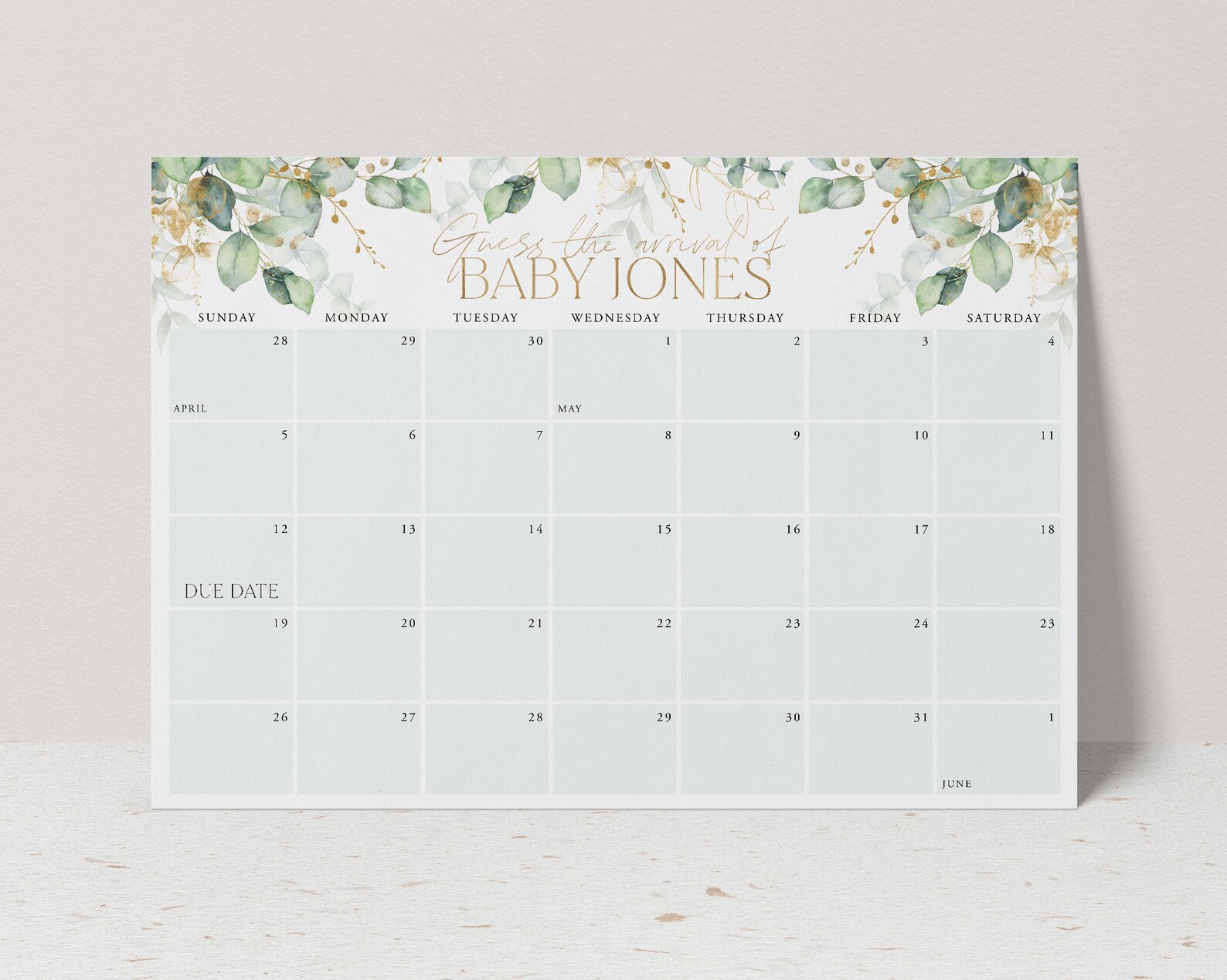 Baby Shower Due Date Calendar Greenery Baby Birth Date Sign - Etsy