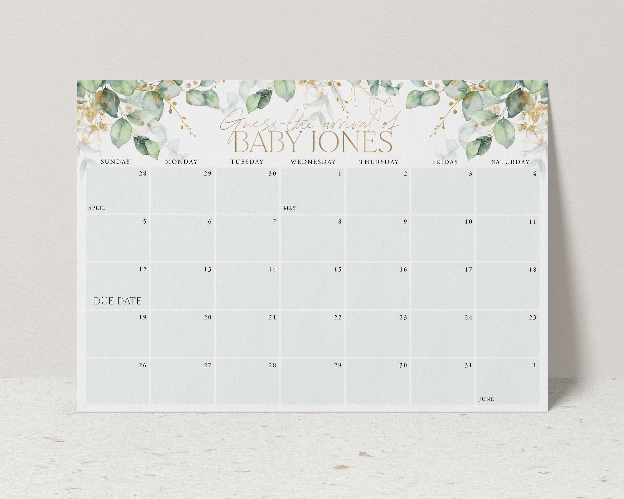Baby Shower Due Date Calendar Greenery Baby Birth Date Sign - Etsy
