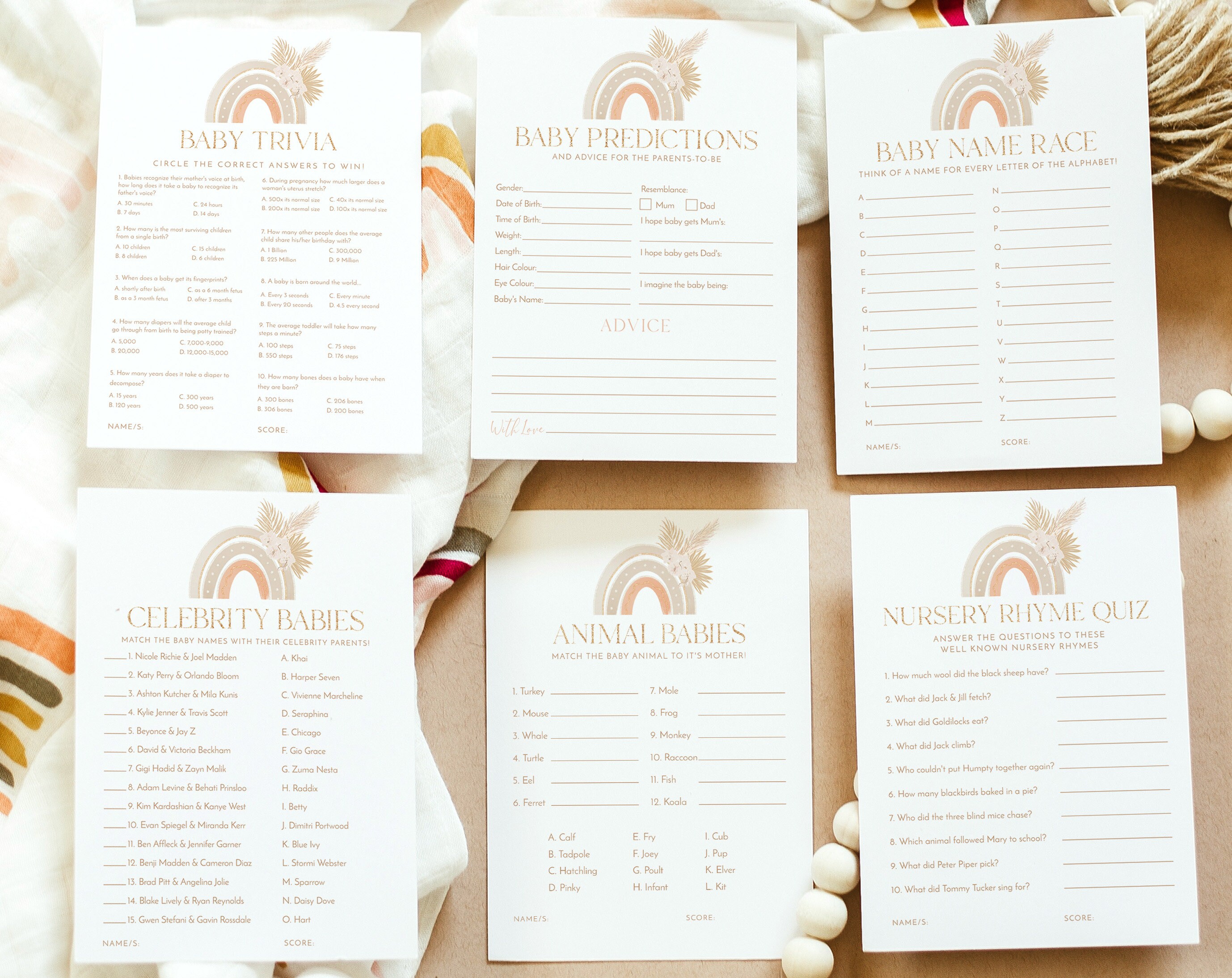 Rainbow Baby Shower Games, Boho Rainbow Baby Shower Editable Games ...