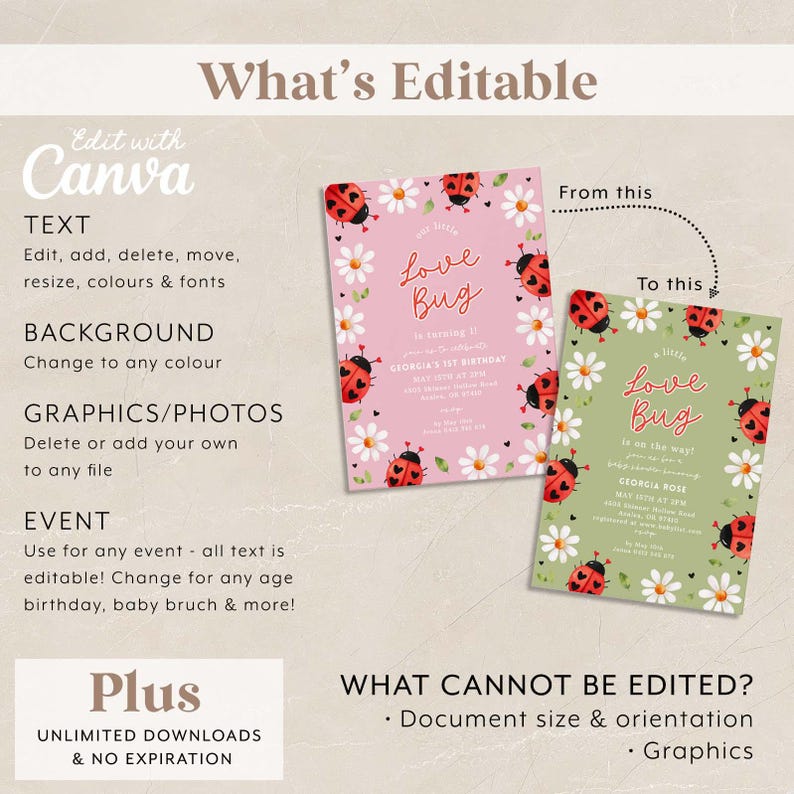 Ladybug 1st Birthday Invitation Template: Pink Love Bug (5x7" Printable ...