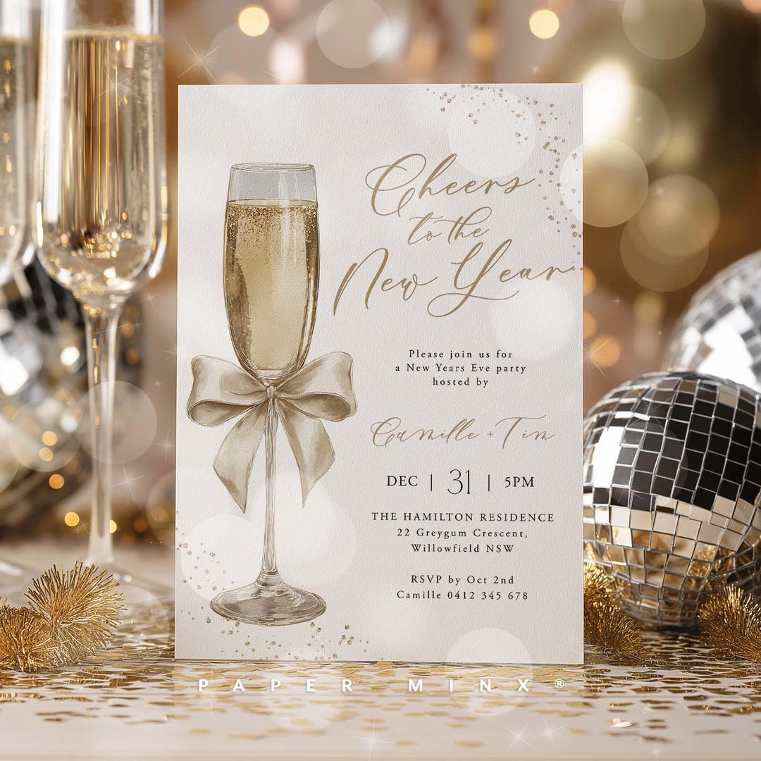 New Years Eve Party Invitation Printable, NYE Cheers Champagne Bow ...