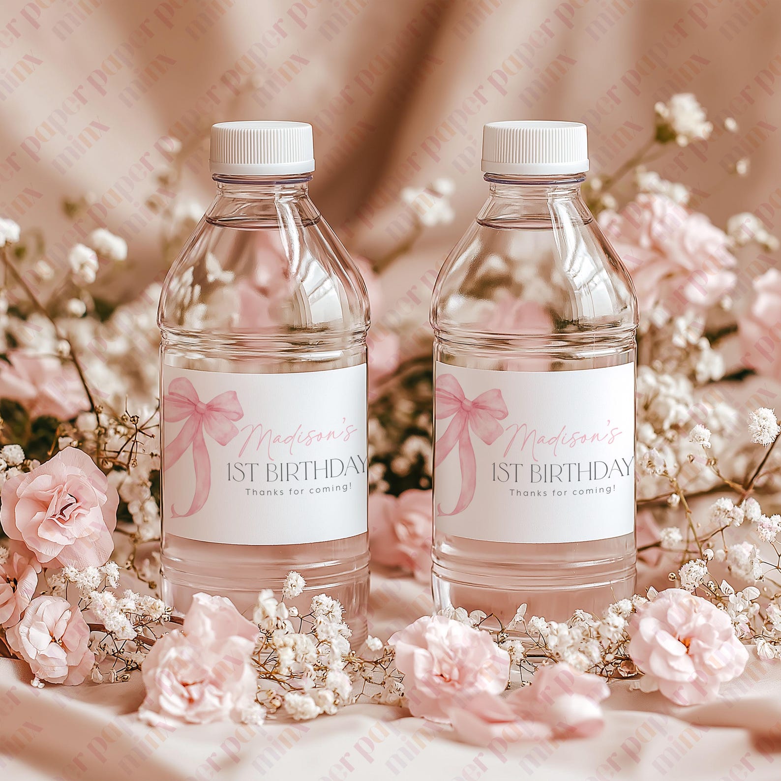 Pink Bow Water Bottle Label Printable, Pink Bow 1st Birthday Water ...