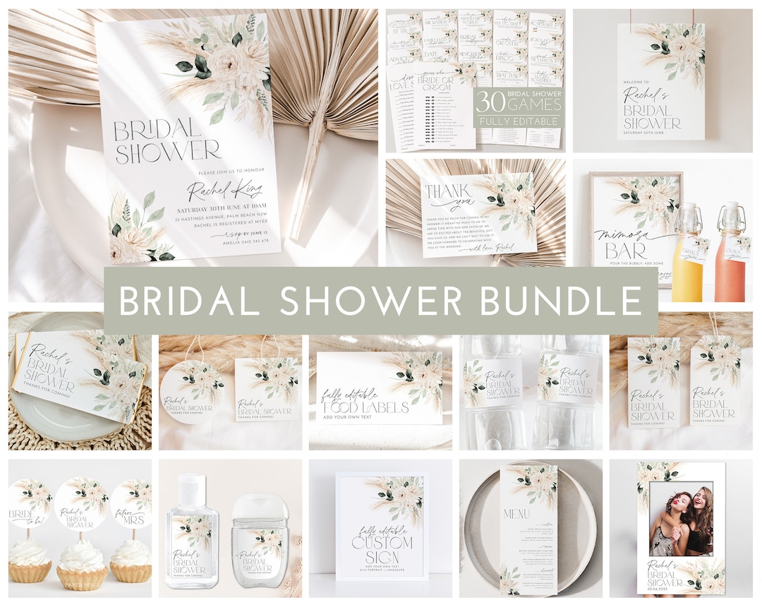 Boho Bridal Shower Invitation Bundle, Boho Greenery Floral Bridal ...