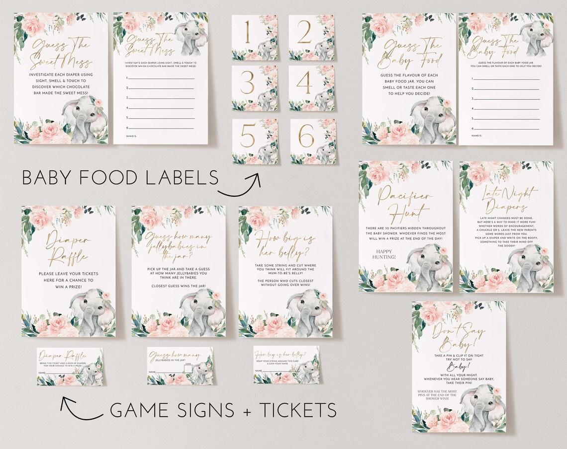 Elephant Baby Shower Games Girl Baby Shower Editable Games | Etsy