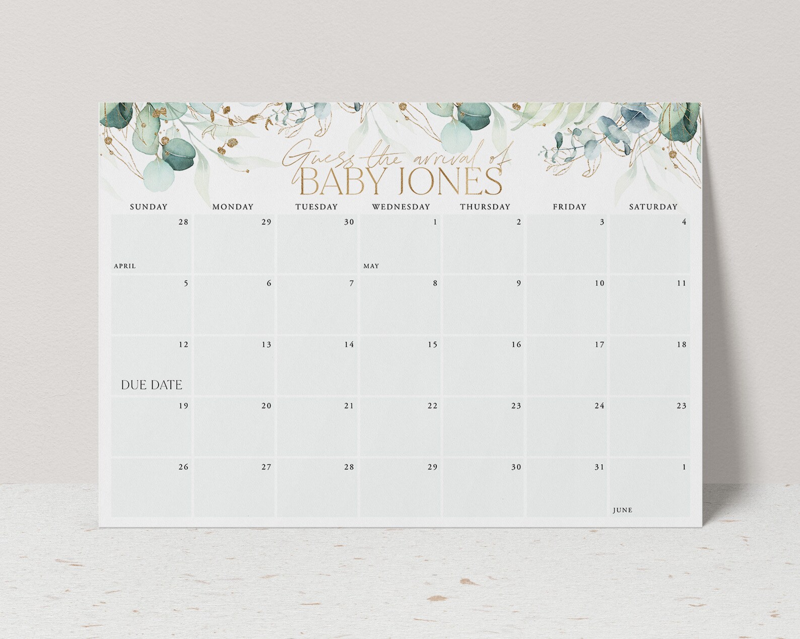 Baby Shower Due Date Calendar Greenery Baby Birth Date Sign | Etsy
