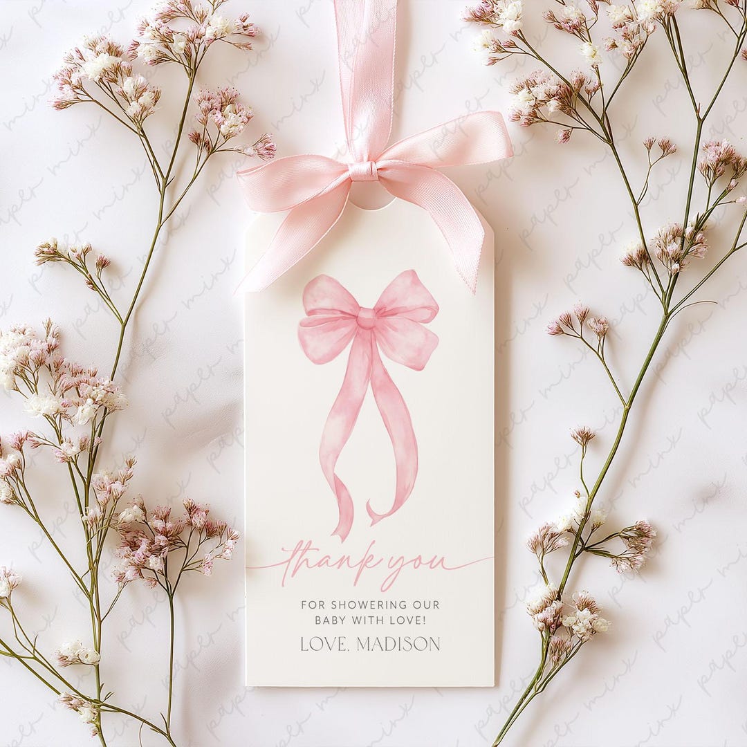 Printable Pink Bow Favor Tags, Pink Bow Baby Shower Favour Tags, Pink ...