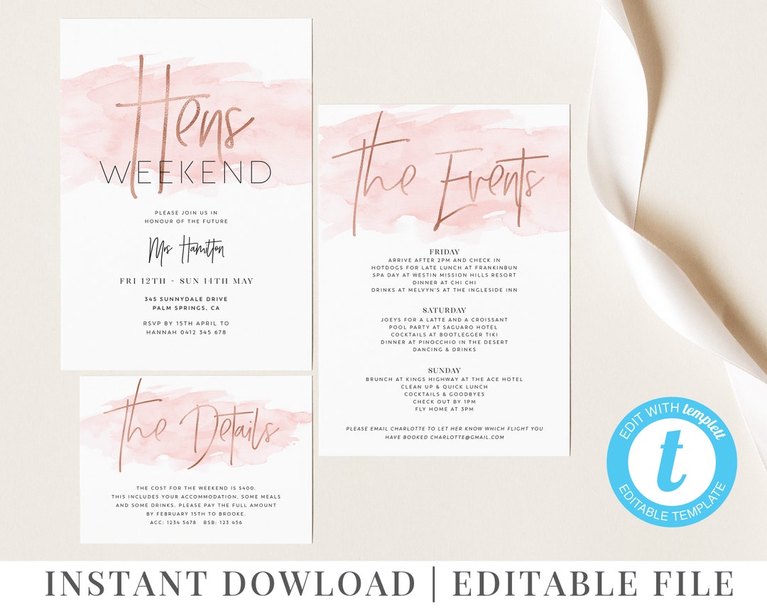 Printable Hens Party Invitation, Hens Weekend Template, Weekend ...