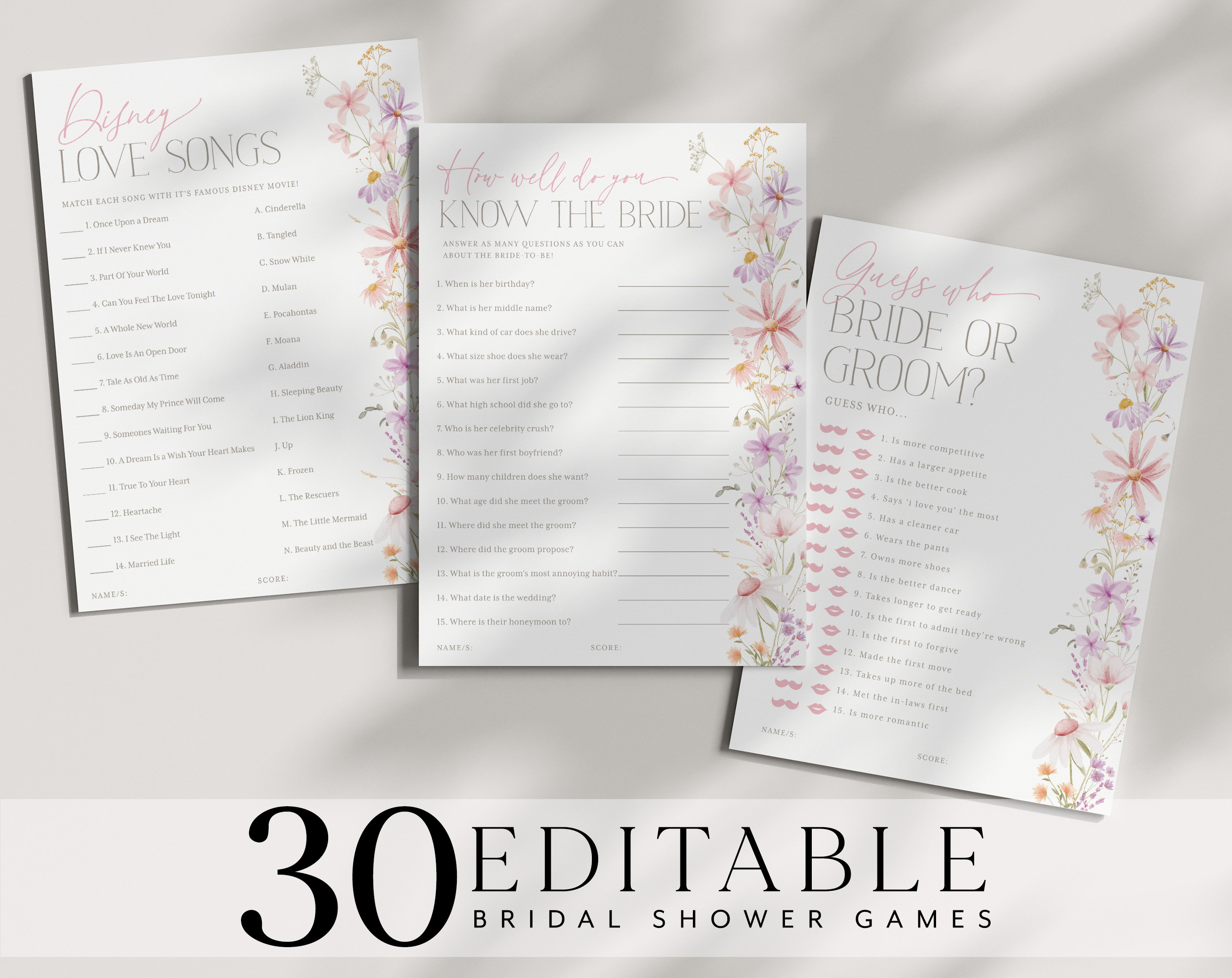Wildflower Bridal Shower Games, Pink Flower Bridal Shower Editable ...