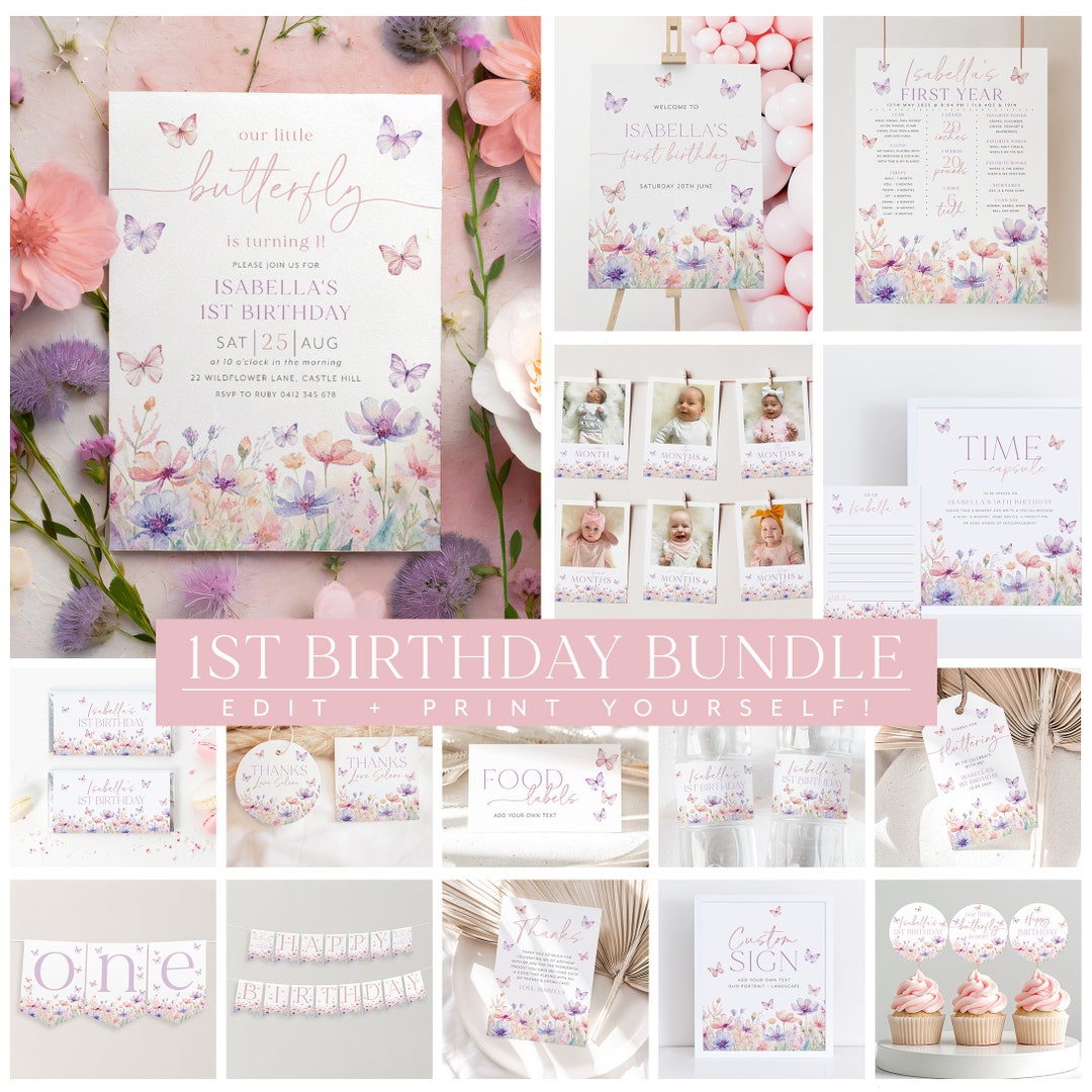Butterfly 1st Birthday Invitation Bundle, Pink Purple Butterflies ...