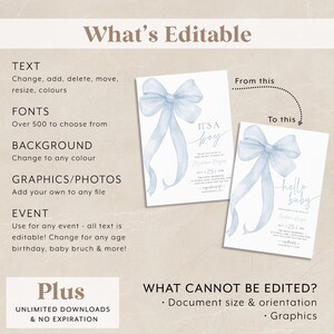 Blue Bow Baby Shower Invitation Bundle Printable, Blue Bow Invitation ...