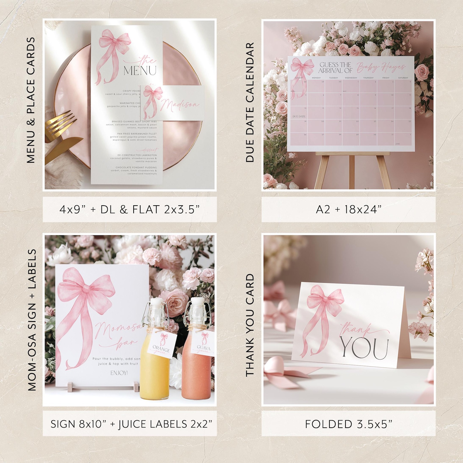 Pink Bow Baby Shower Invitation Bundle Printable, Pink Bow Invitation ...