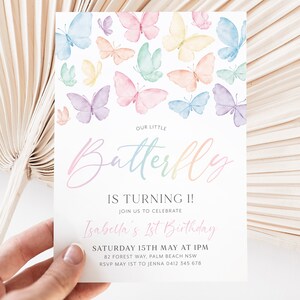 Butterfly Birthday Invitation, Pastel Rainbow Butterflies 1st Birthday ...