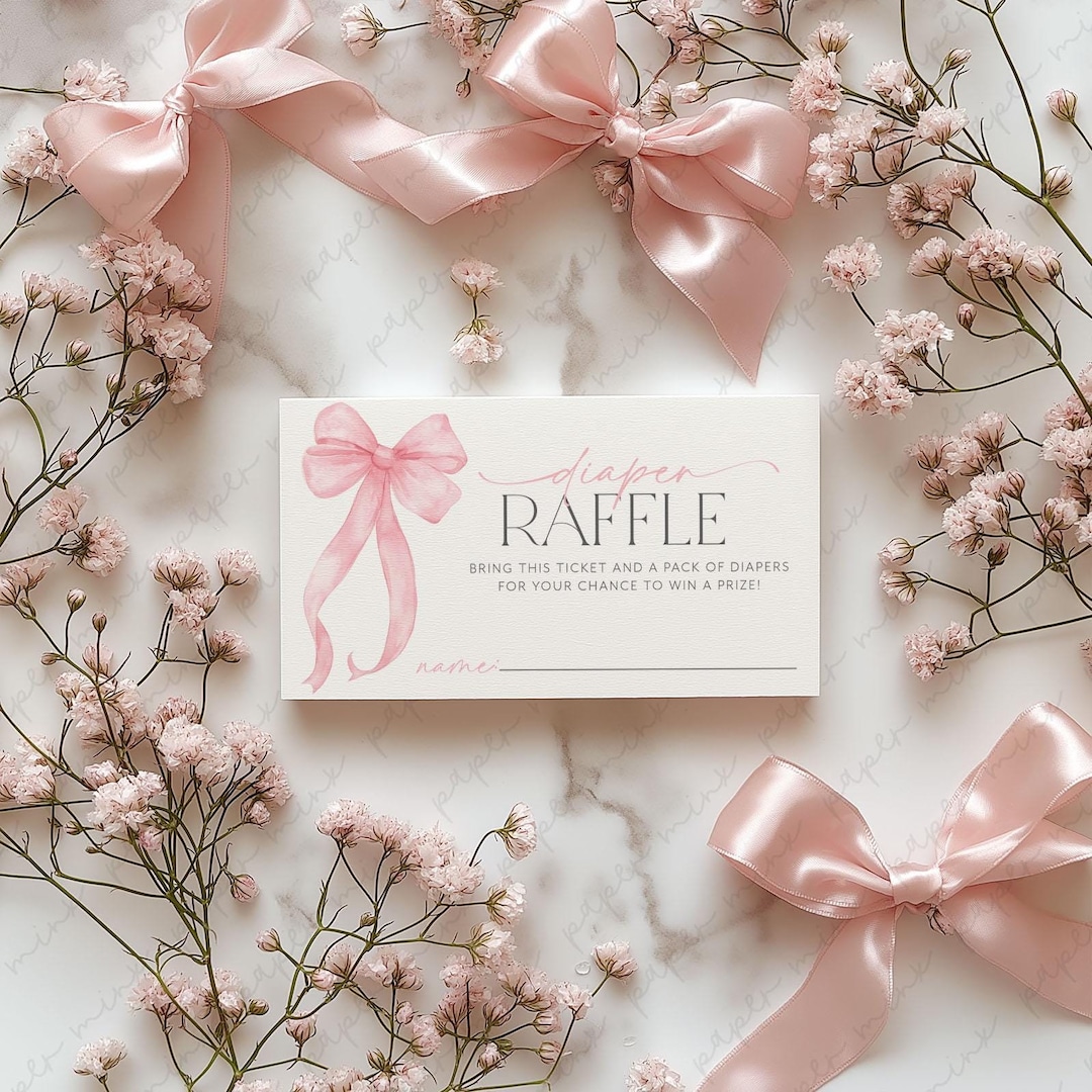 Pink Bow Diaper Raffle Card, Pink Bow Baby Shower Diaper Raffle Card ...
