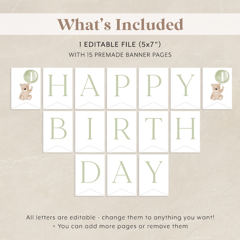 Bear Birthday Banner, Happy Birthday Banner Printable, Happy 1st ...