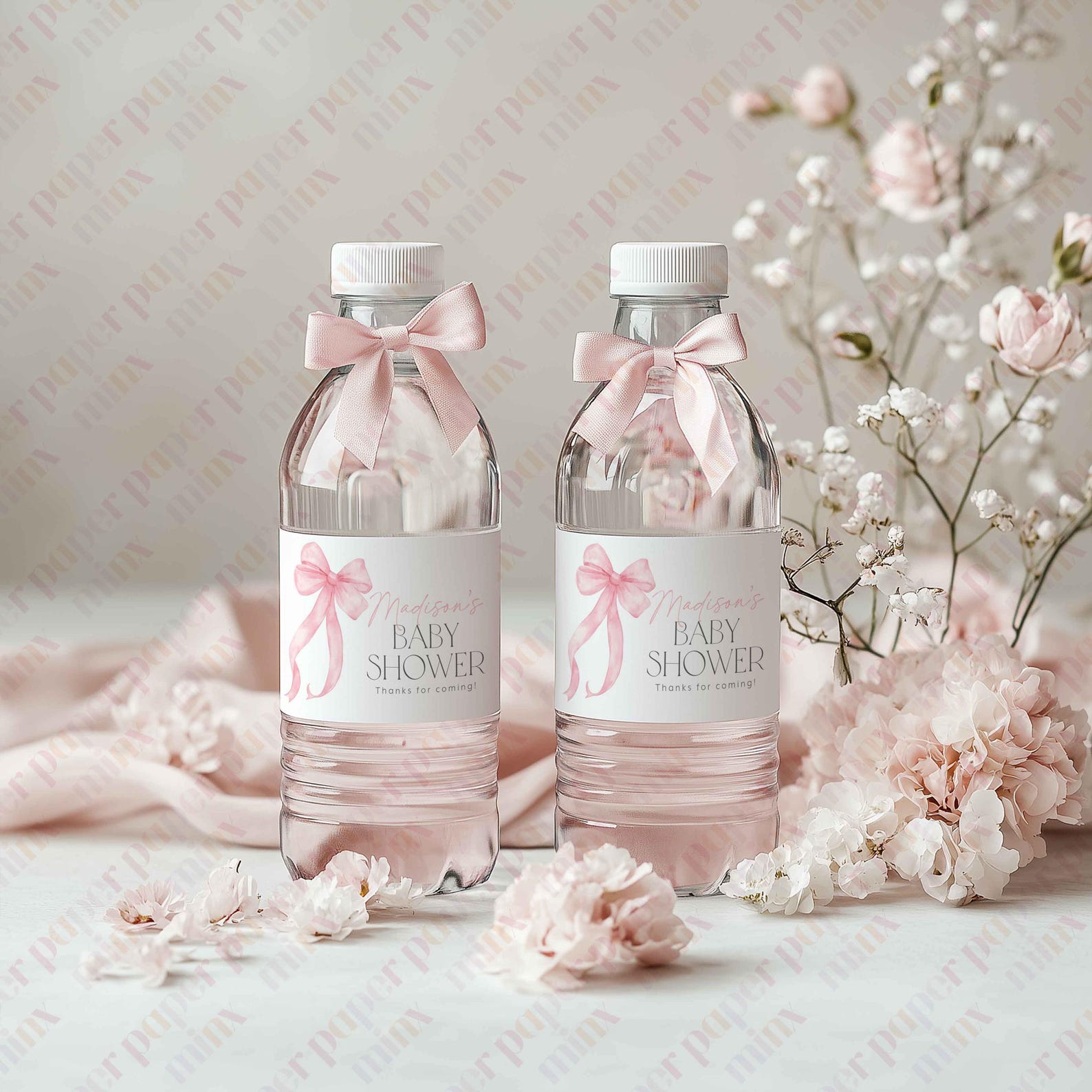 Pink Bow Water Bottle Label Printable, Pink Bow Baby Shower Water ...