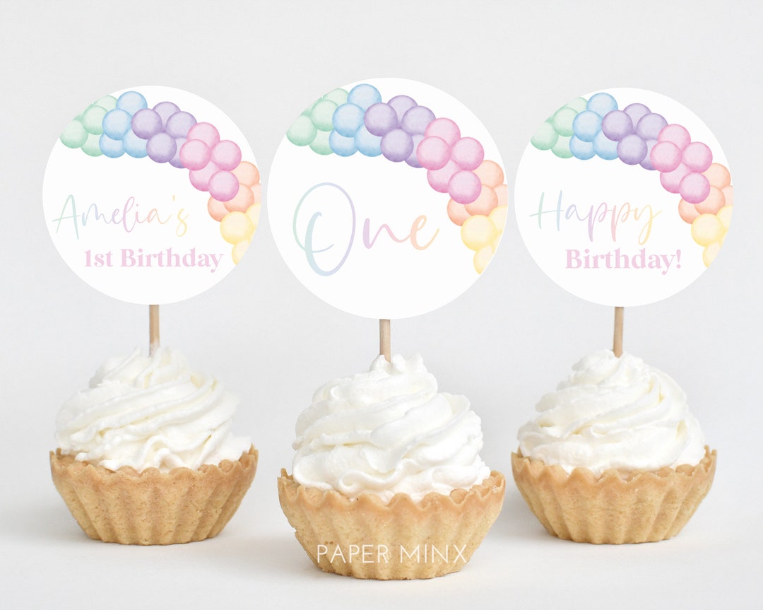 Pastel Rainbow Cupcake Toppers, Printable Cupcake Topper, Rainbow 1st ...