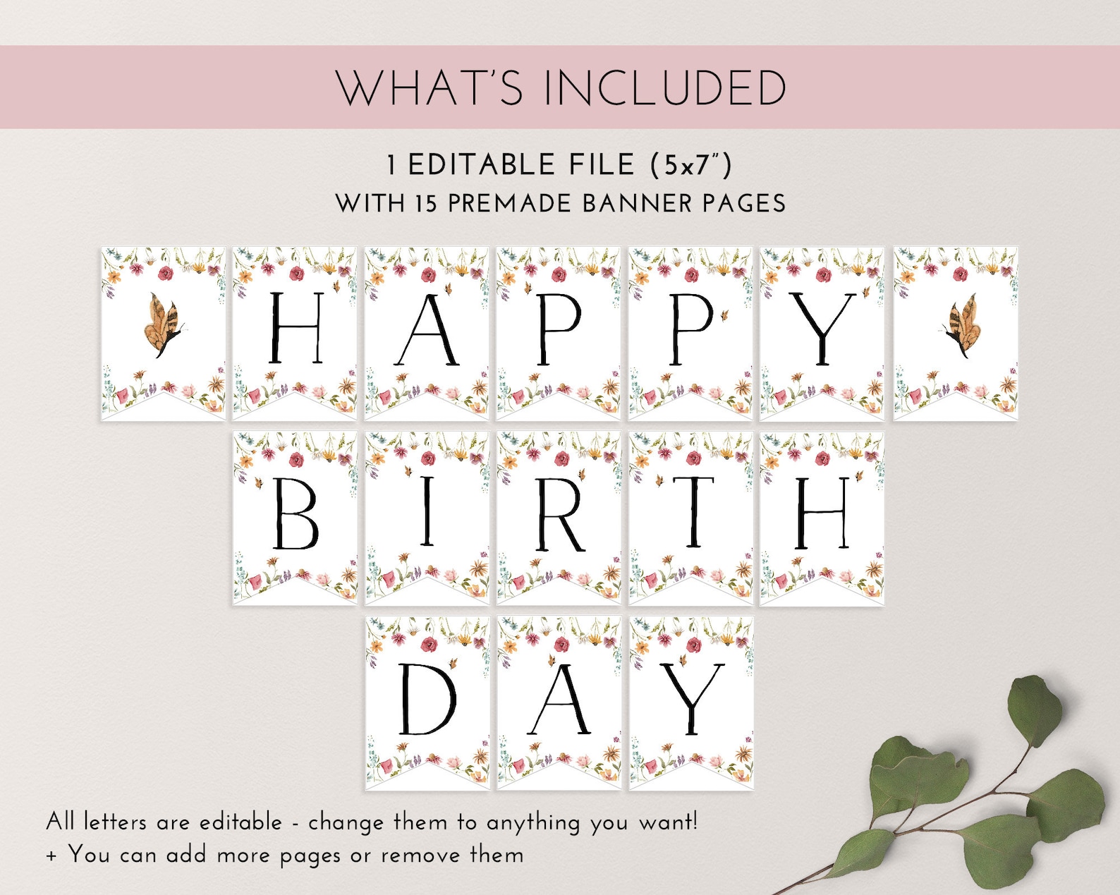 Wildflower Birthday Banner, Flower Happy Birthday Banner Printable ...