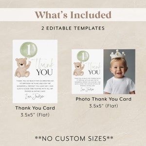 Bear Thank You Card Template, Printable Thank You Card Editable, Green ...