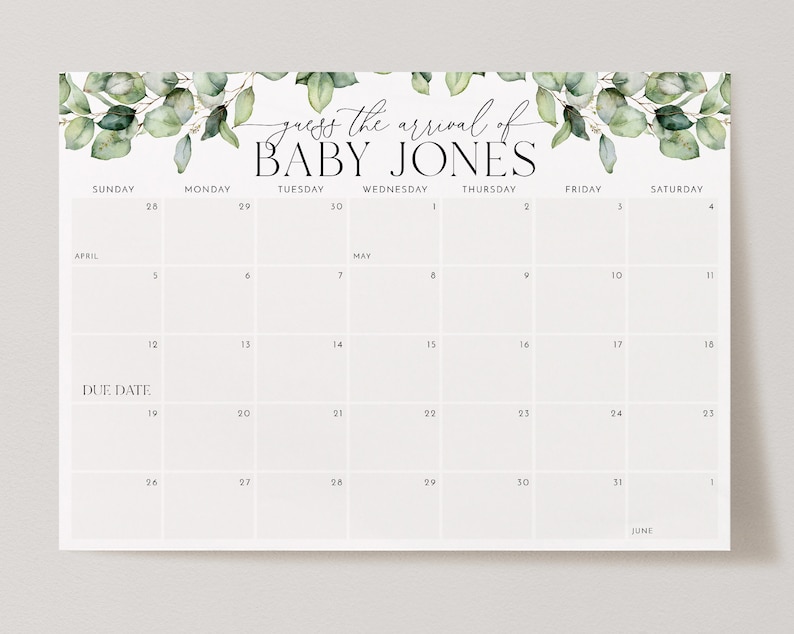 Baby Shower Due Date Calendar Greenery Baby Birth Date Sign - Etsy