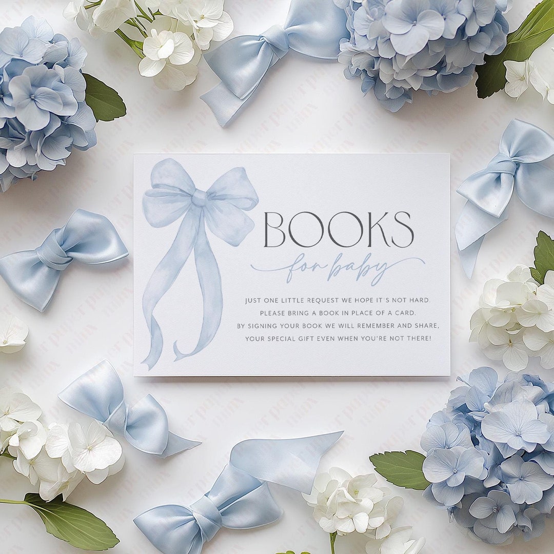 Blue Bow Books for Baby Card Printable, Baby Shower Book Request Card ...