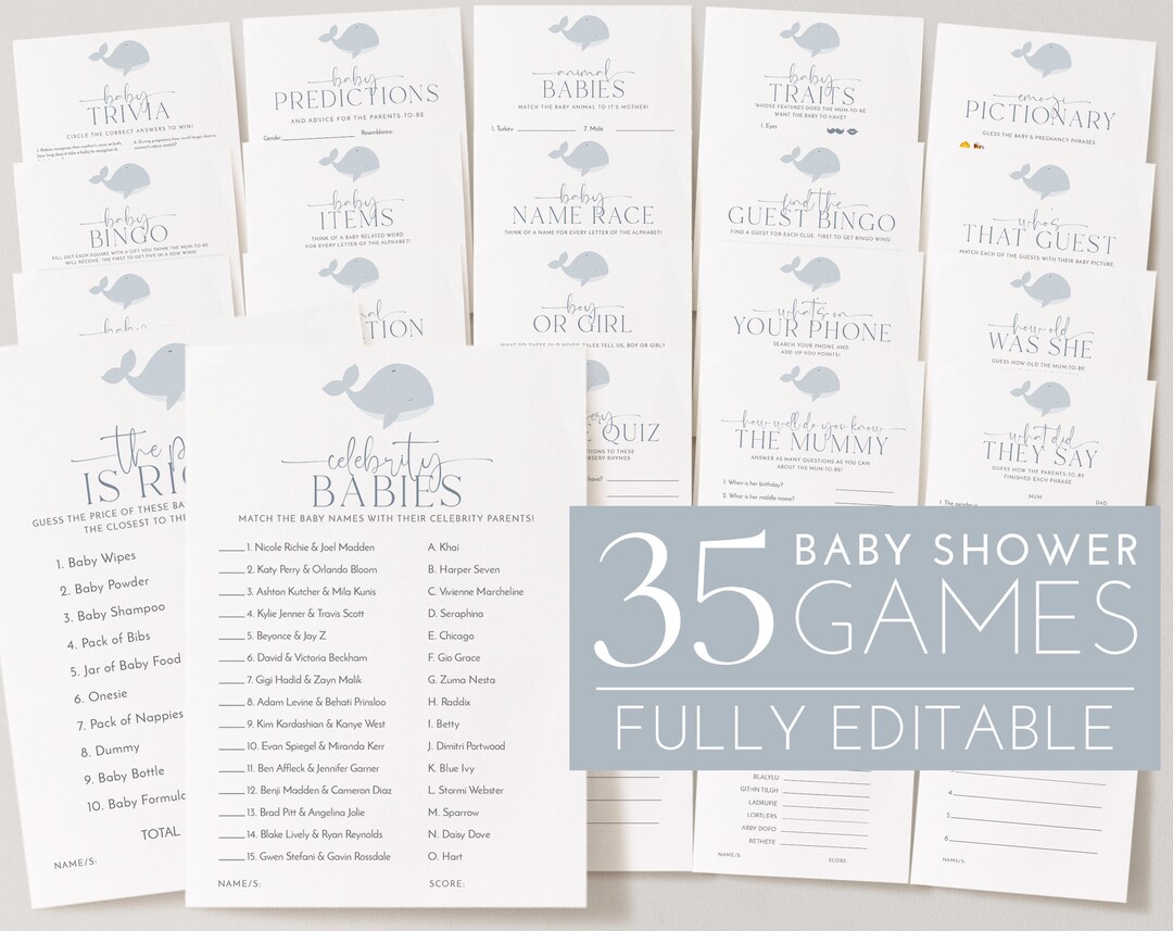 Whale Baby Shower Games, Editable Baby Shower Games, Printable Game ...
