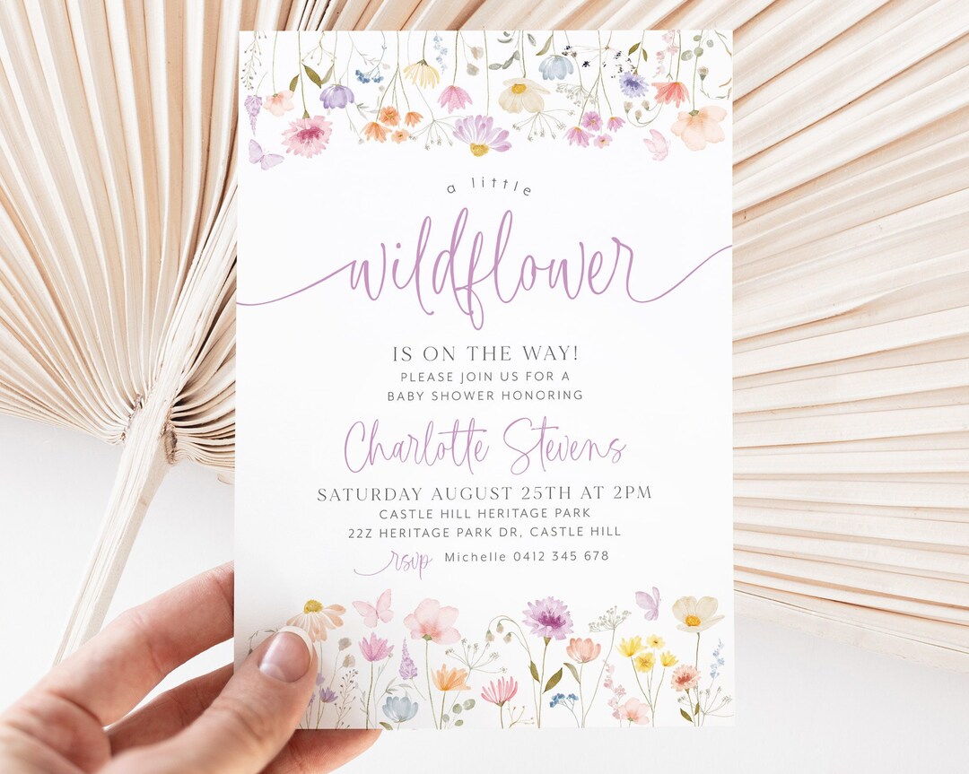 Wildflower Baby Shower Invitation, Wild Flower Invitation, Purple Pink ...