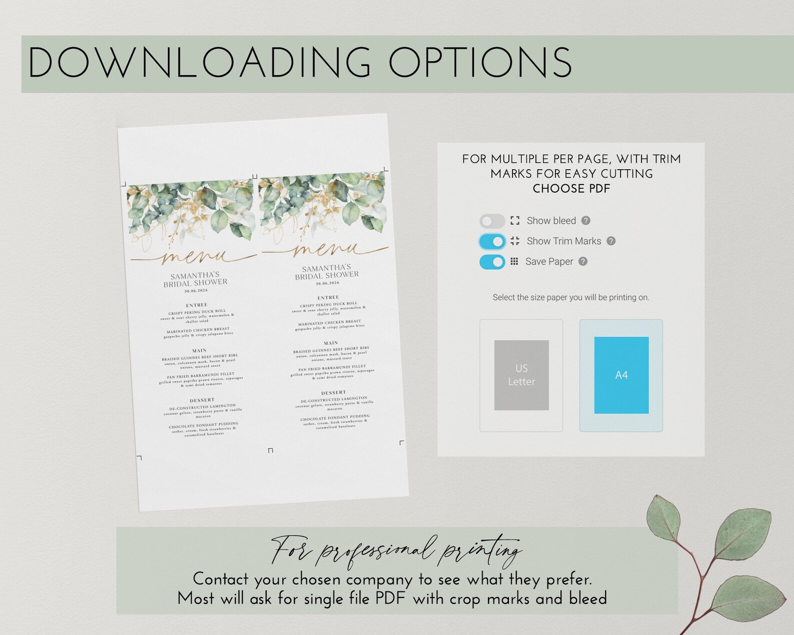 Greenery Menu Template Printable Bridal Shower Menu Greenery - Etsy