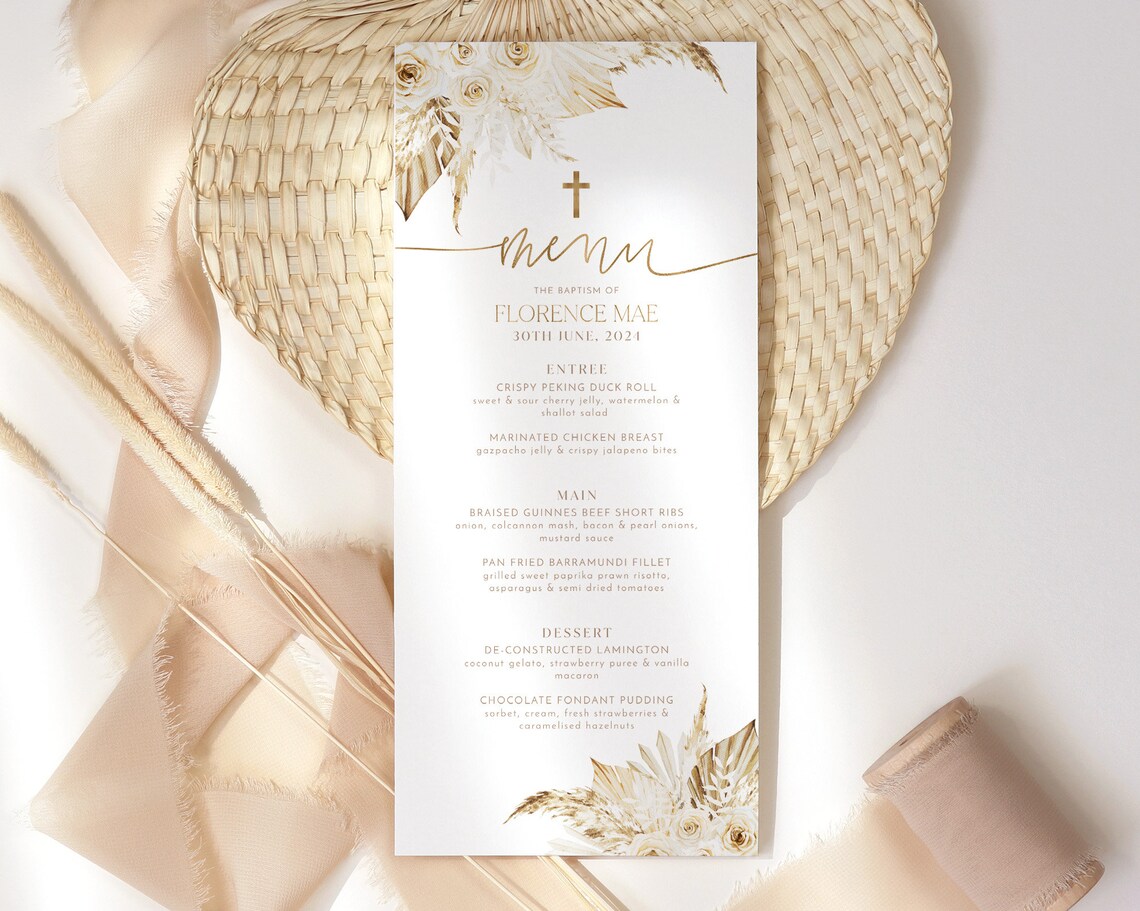 Christening Menu Template, Printable Baptism Menu Template, Boho ...