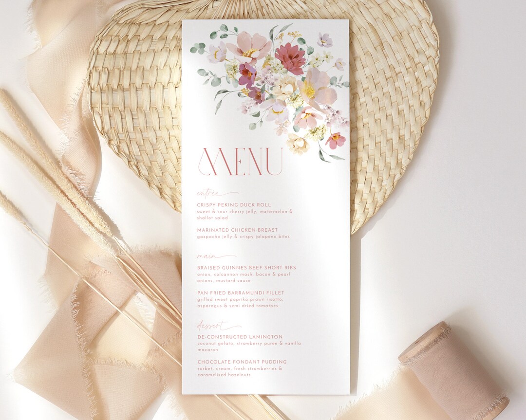 Floral Menu Template, Printable Bridal Shower Menu, Flower Menu ...