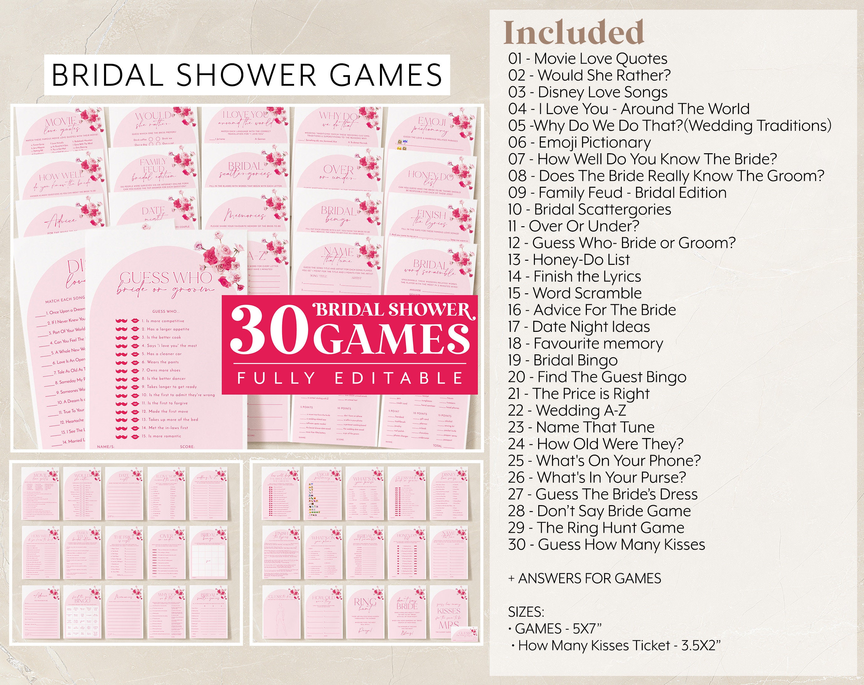 Pink Bridal Shower Invitation Bundle, Floral Bridal Shower Games Pack ...