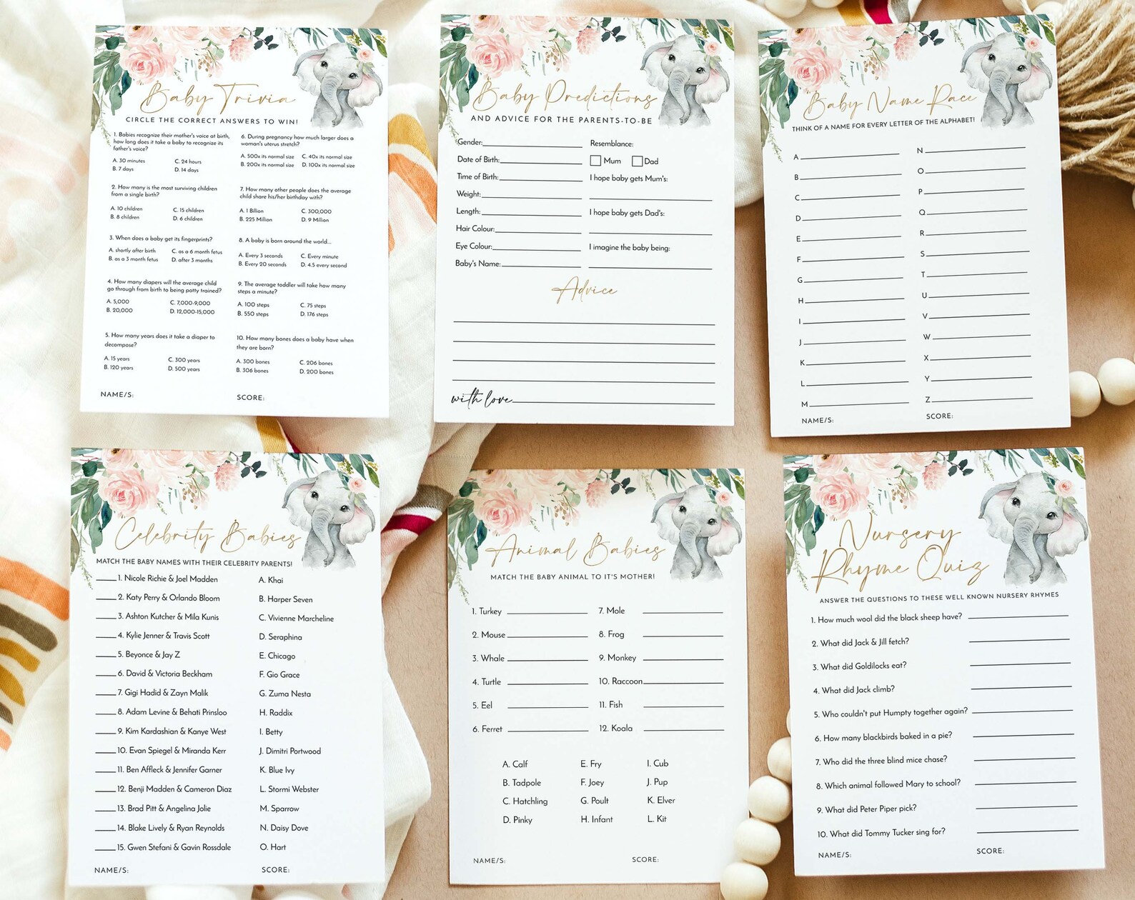 Elephant Baby Shower Games Girl Baby Shower Editable Games - Etsy