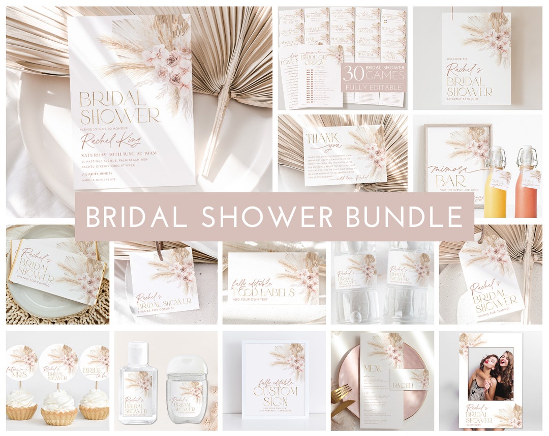 Pink Boho Bridal Shower Invitation Bundle, Boho Floral Bridal Shower ...