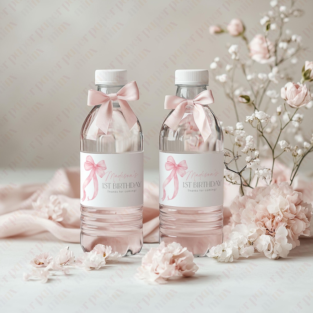Pink Bow Water Bottle Label Printable, Pink Bow 1st Birthday Water ...