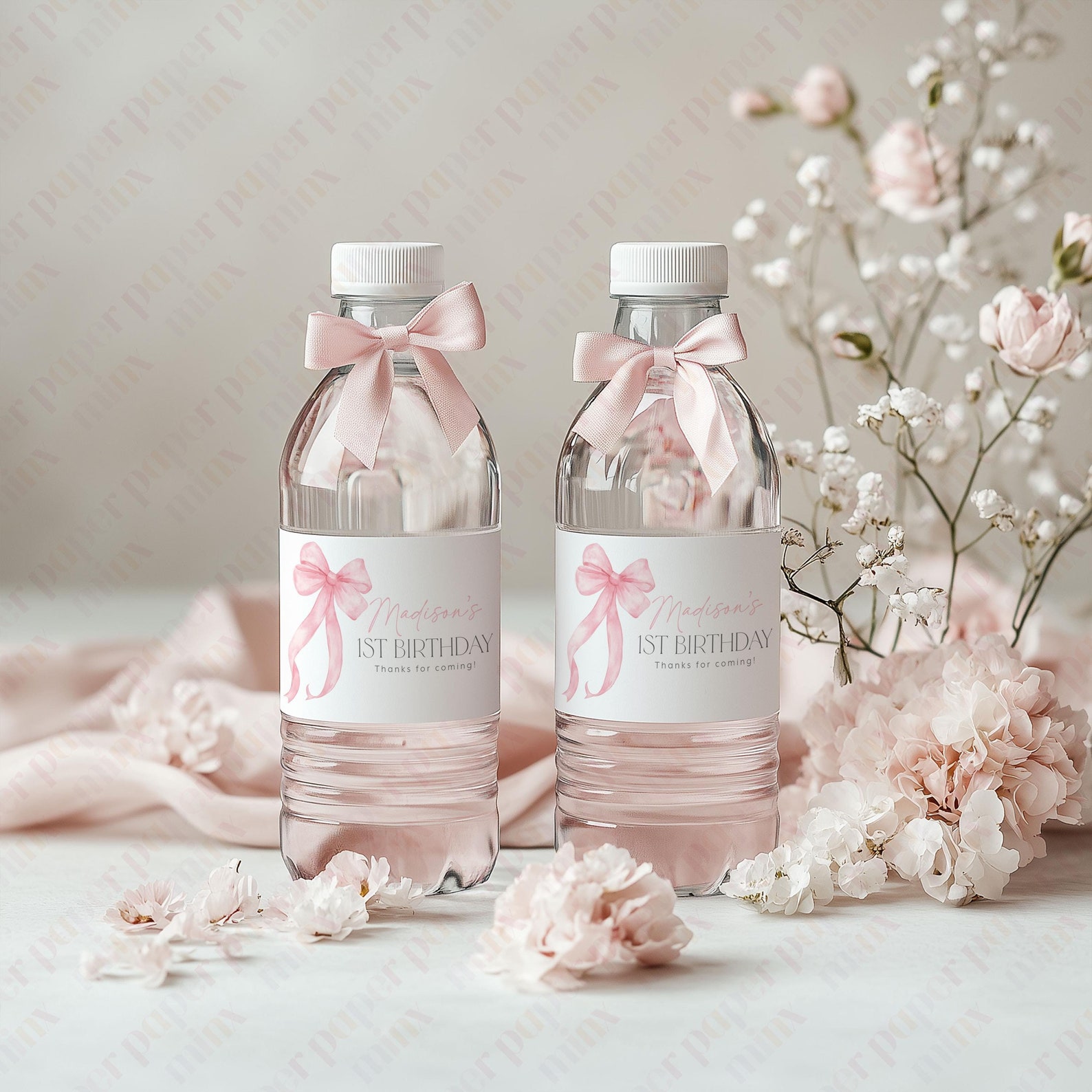 Pink Bow Water Bottle Label Printable, Pink Bow 1st Birthday Water ...