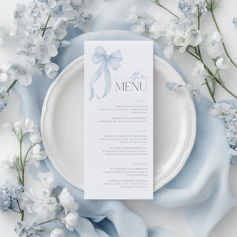 Blue Bow Menu Template, Printable Blue Bow Baby Shower Menu, Editable ...