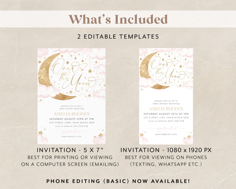 Over the Moon Invitation, Moon Baby Shower Invitation, Girl Baby Shower ...
