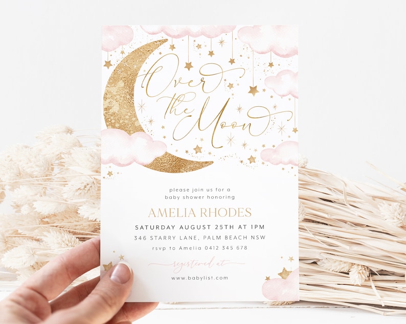 Over the Moon Invitation, Moon Baby Shower Invitation, Girl Baby Shower ...