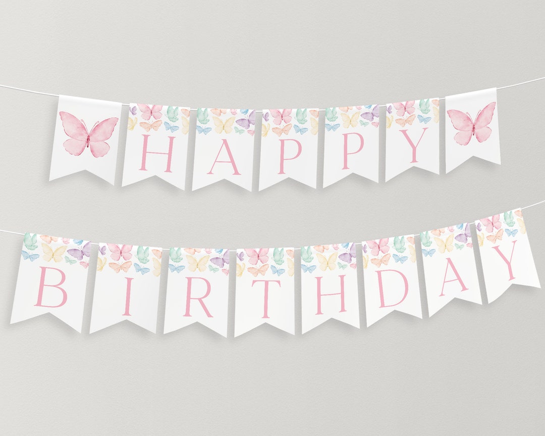 Rainbow Butterfly Birthday Banner, Happy Birthday Banner Printable, 1st ...