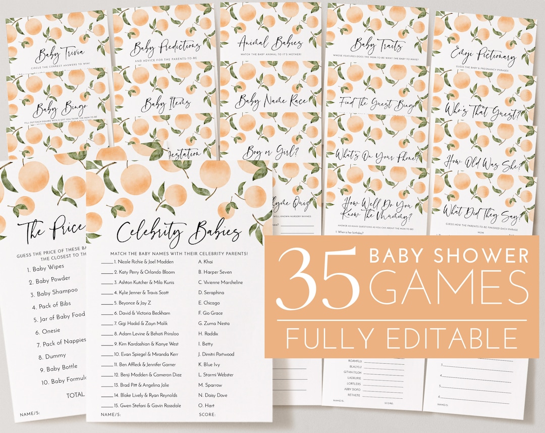 Juegos para baby shower naranja, juegos editables, paquete para baby ...