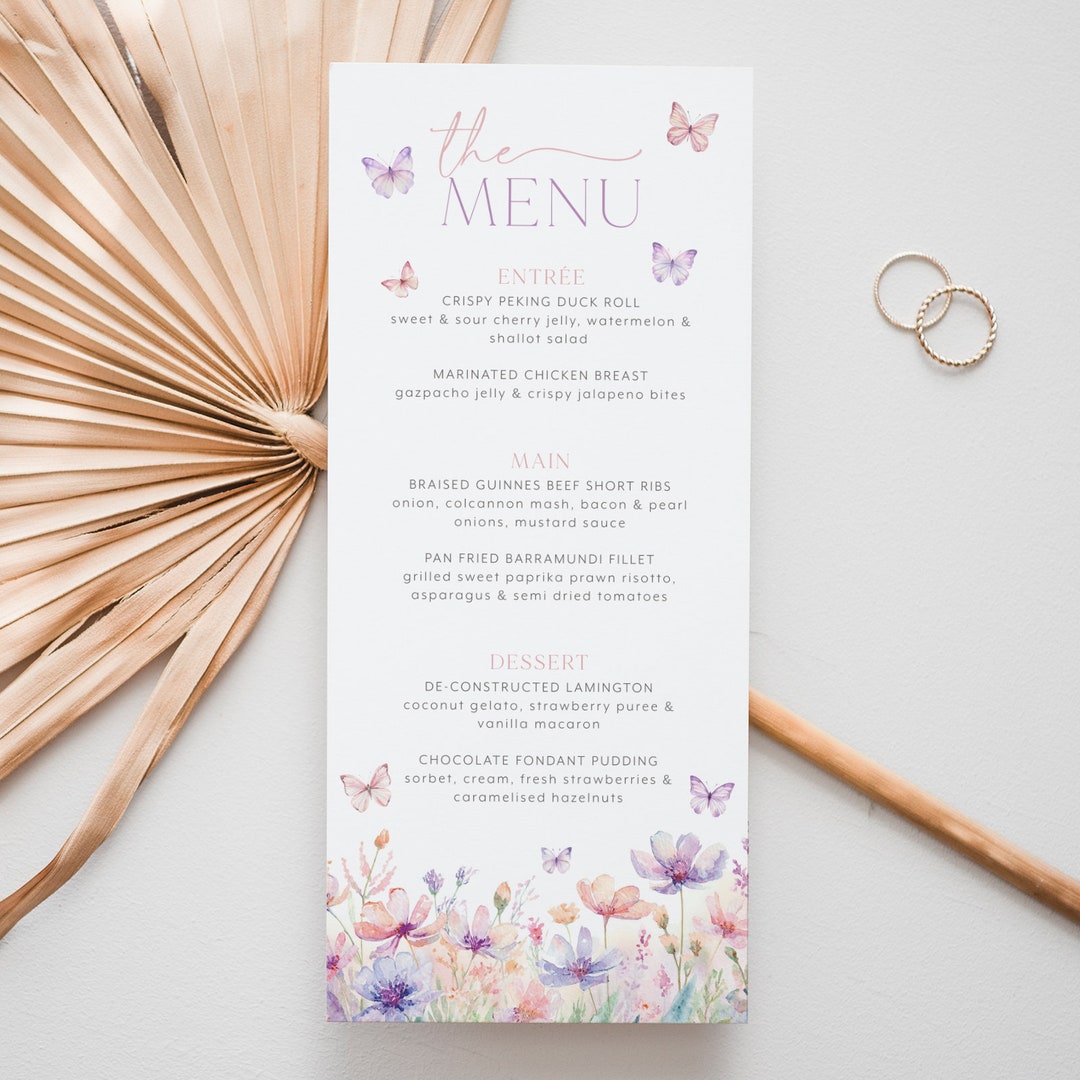 Butterfly Menu Template, Printable Baby Shower Menu, Wildflower and ...