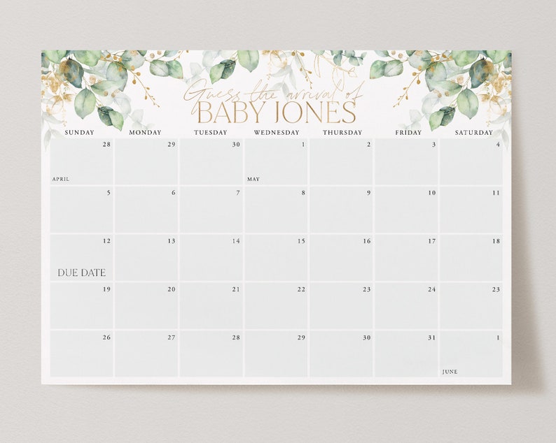 Baby Shower Due Date Calendar Greenery Baby Birth Date Sign - Etsy