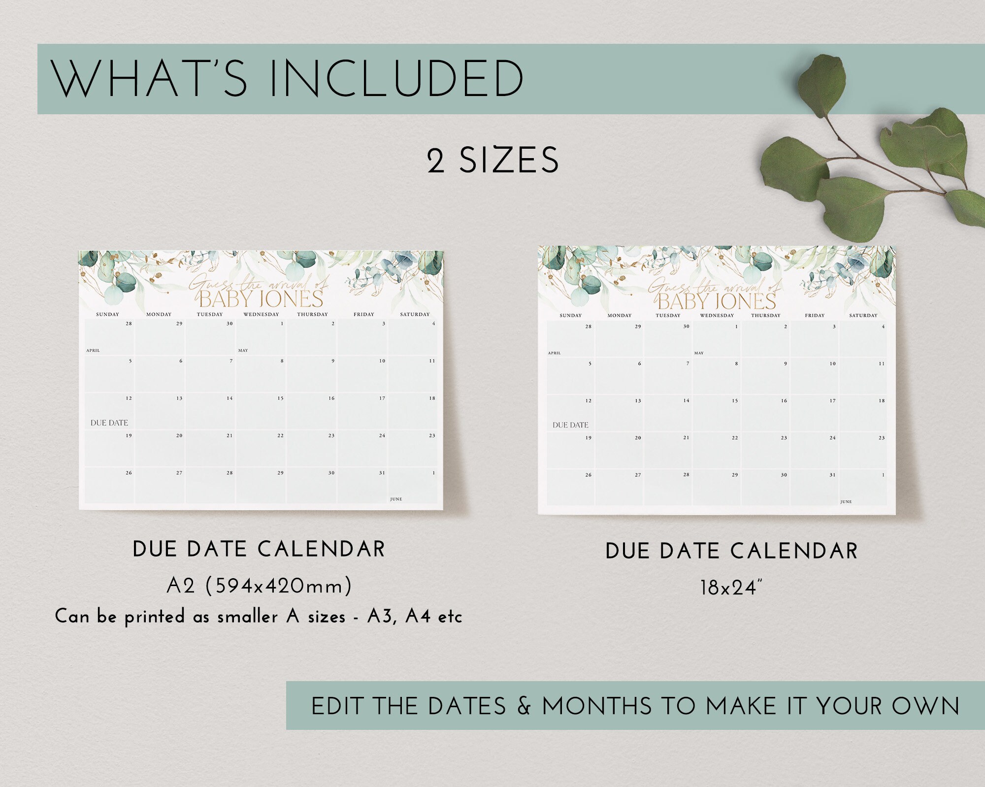 Baby Shower Due Date Calendar Greenery Baby Birth Date Sign | Etsy