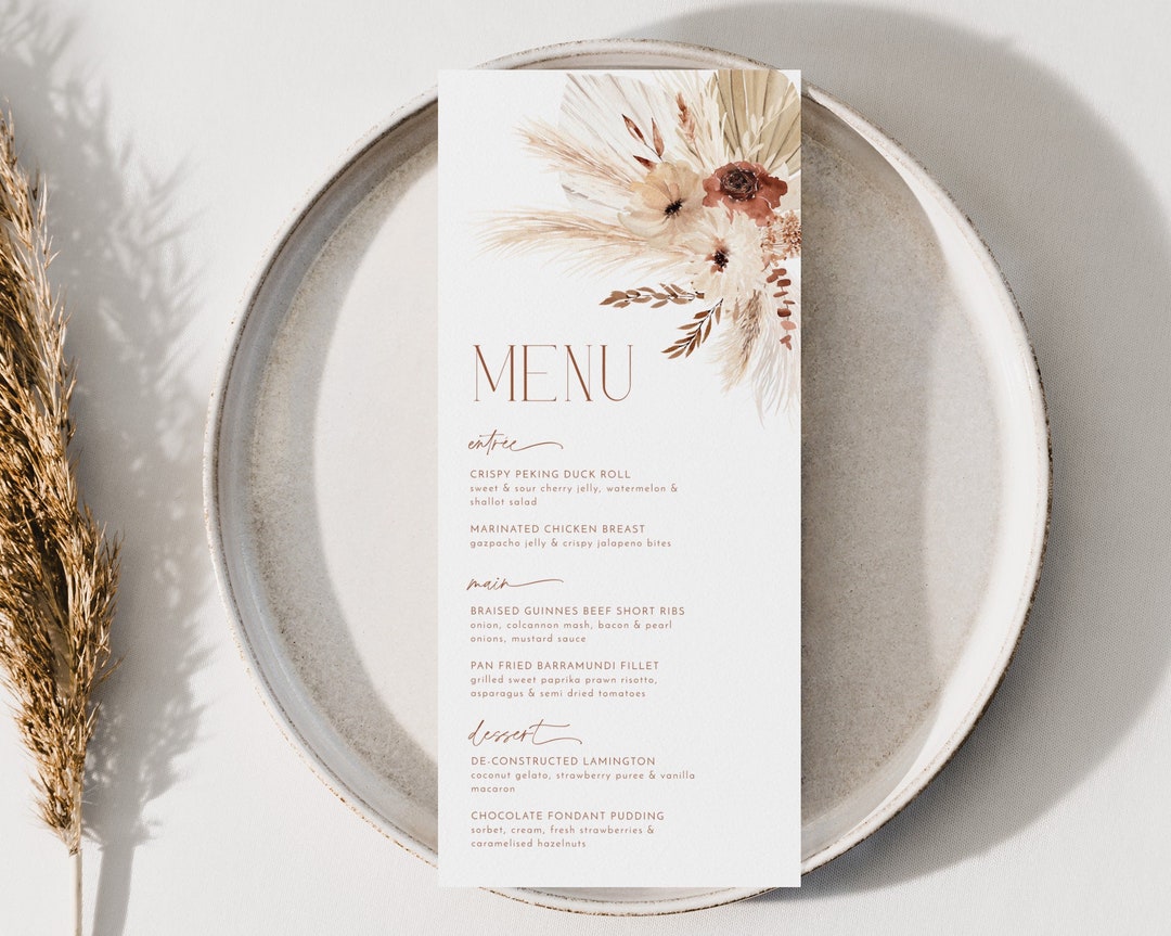 Boho Menu Template, Printable Bridal Shower Menu, Boho Floral Menu ...