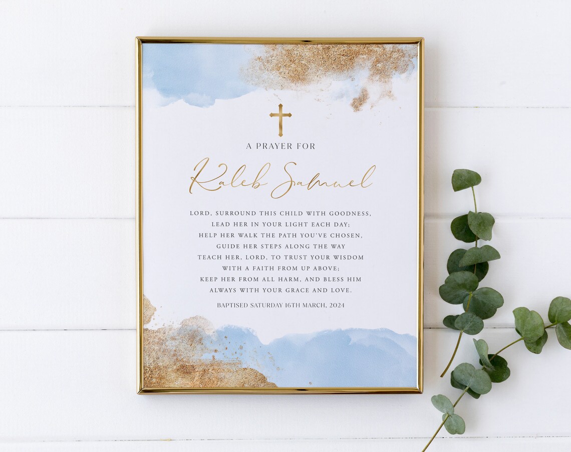 Baptism Prayer Sign 8x10, Blue and Gold Baptism Prayer Sign ...