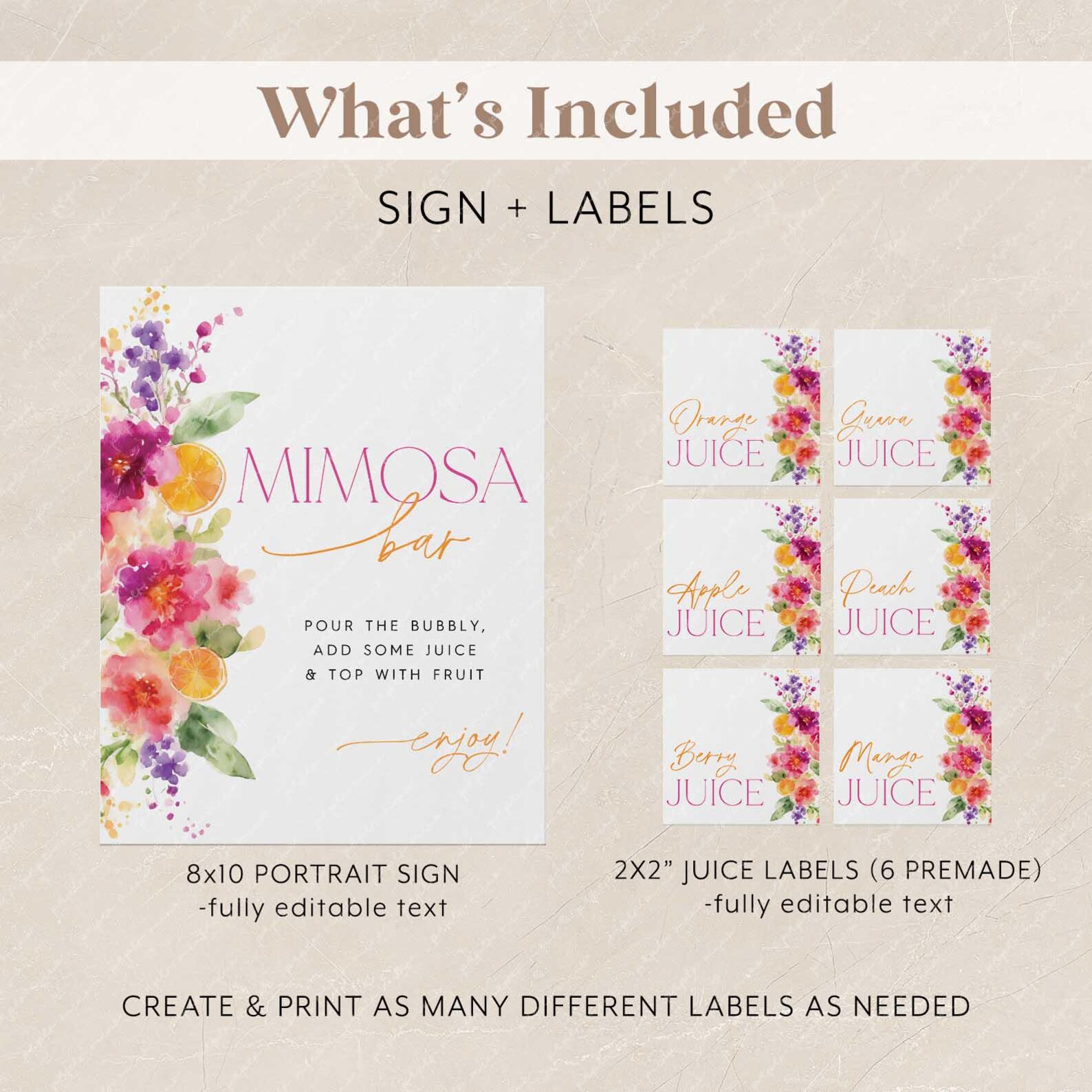 Citrus Mimosa Bar Sign: Editable Floral Juice Labels (canva Template ...