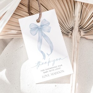 Printable Blue Bow Favor Tags, Blue Bow Baby Shower Favour Tags, Blue ...