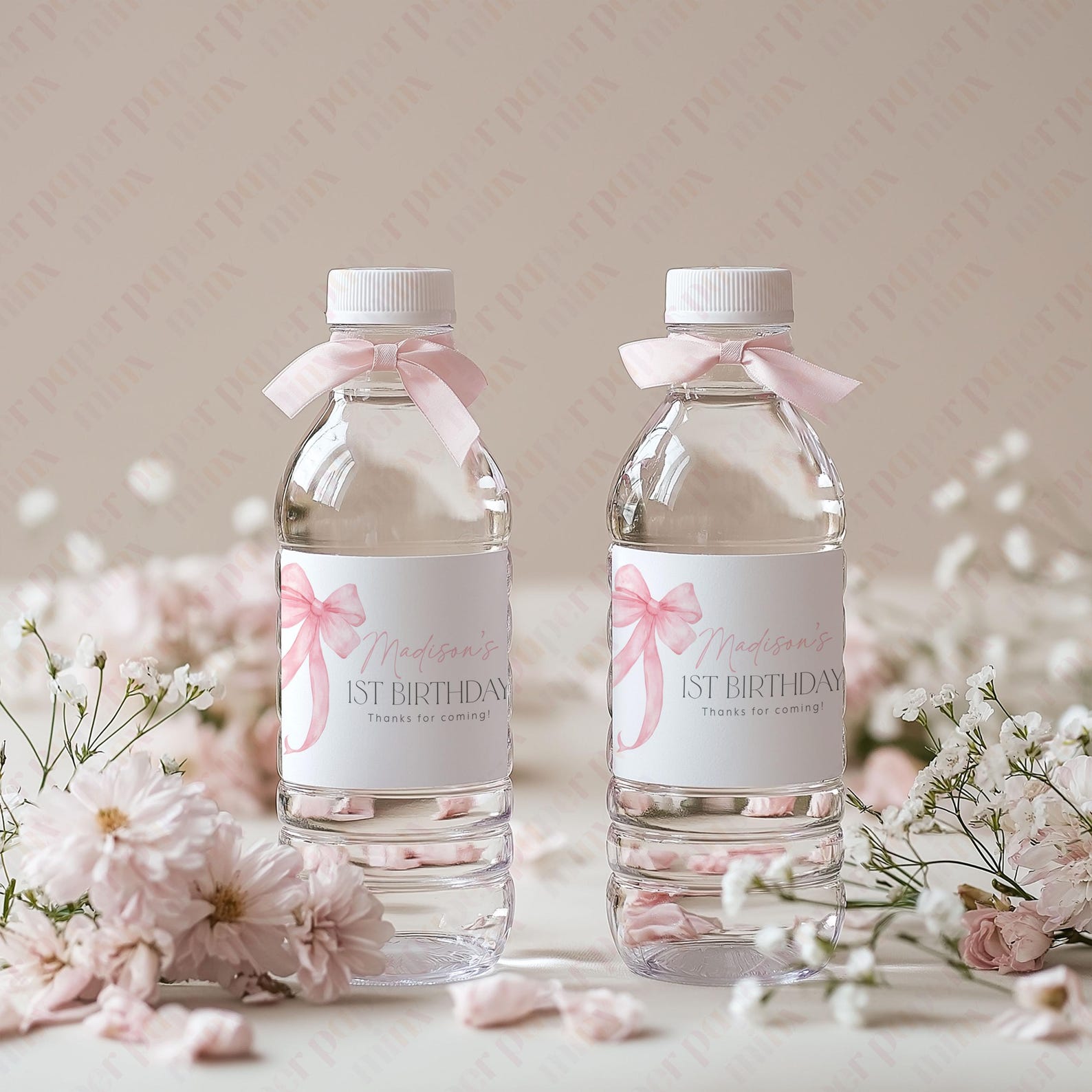 Pink Bow Water Bottle Label Printable, Pink Bow 1st Birthday Water ...