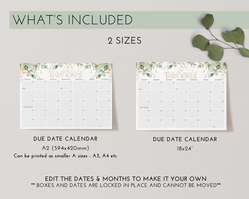 Baby Shower Due Date Calendar, Greenery Baby Birth Date Sign, Guess the ...