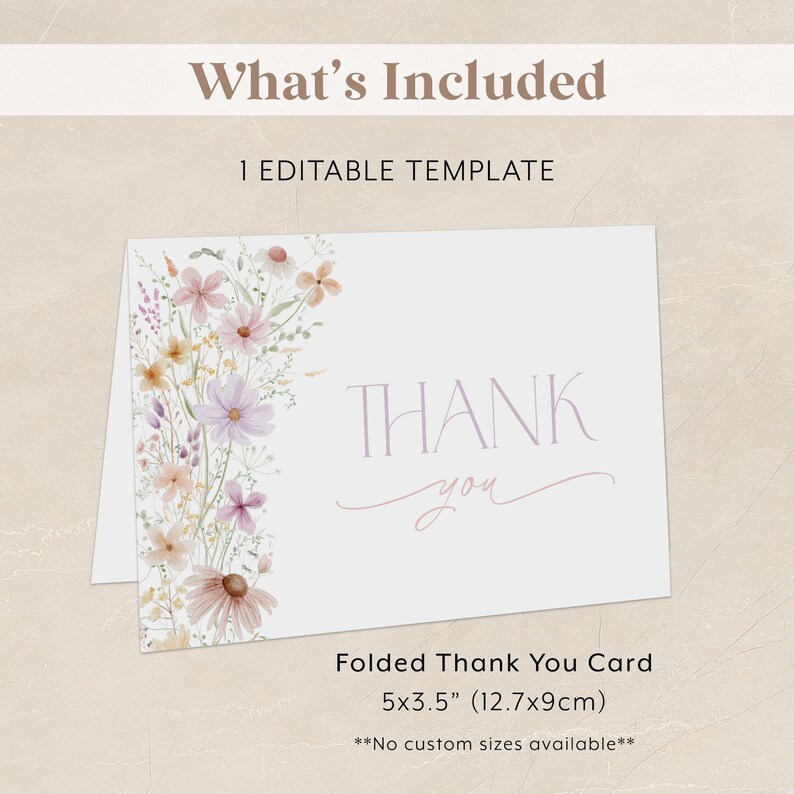 Wildflower Thank You Card Template, Printable Thank You Card, Floral ...
